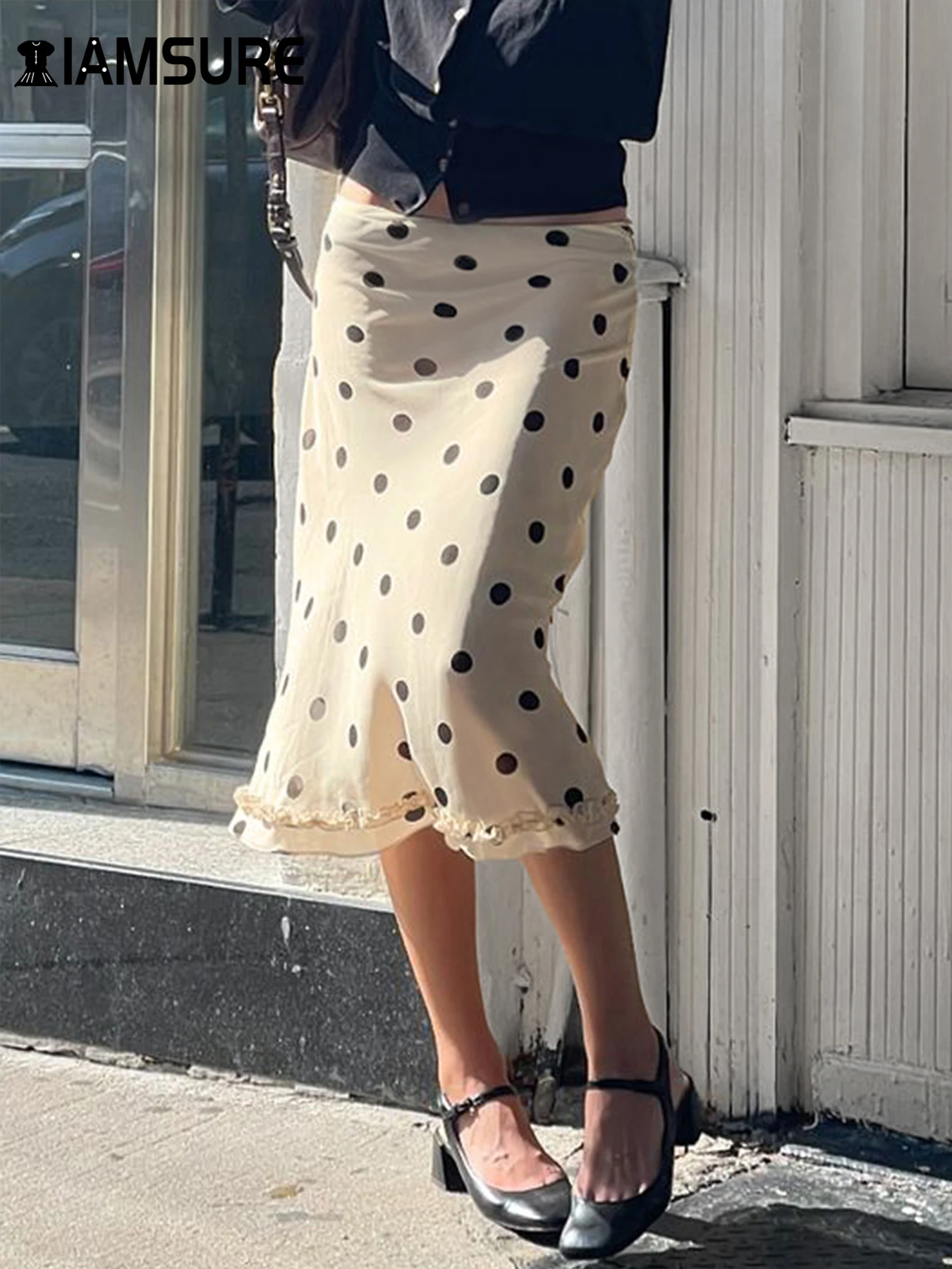 IAMSURE, элегантные повседневные юбки в горошек, праздничные базовые тонкие юбки-миди с низкой ...