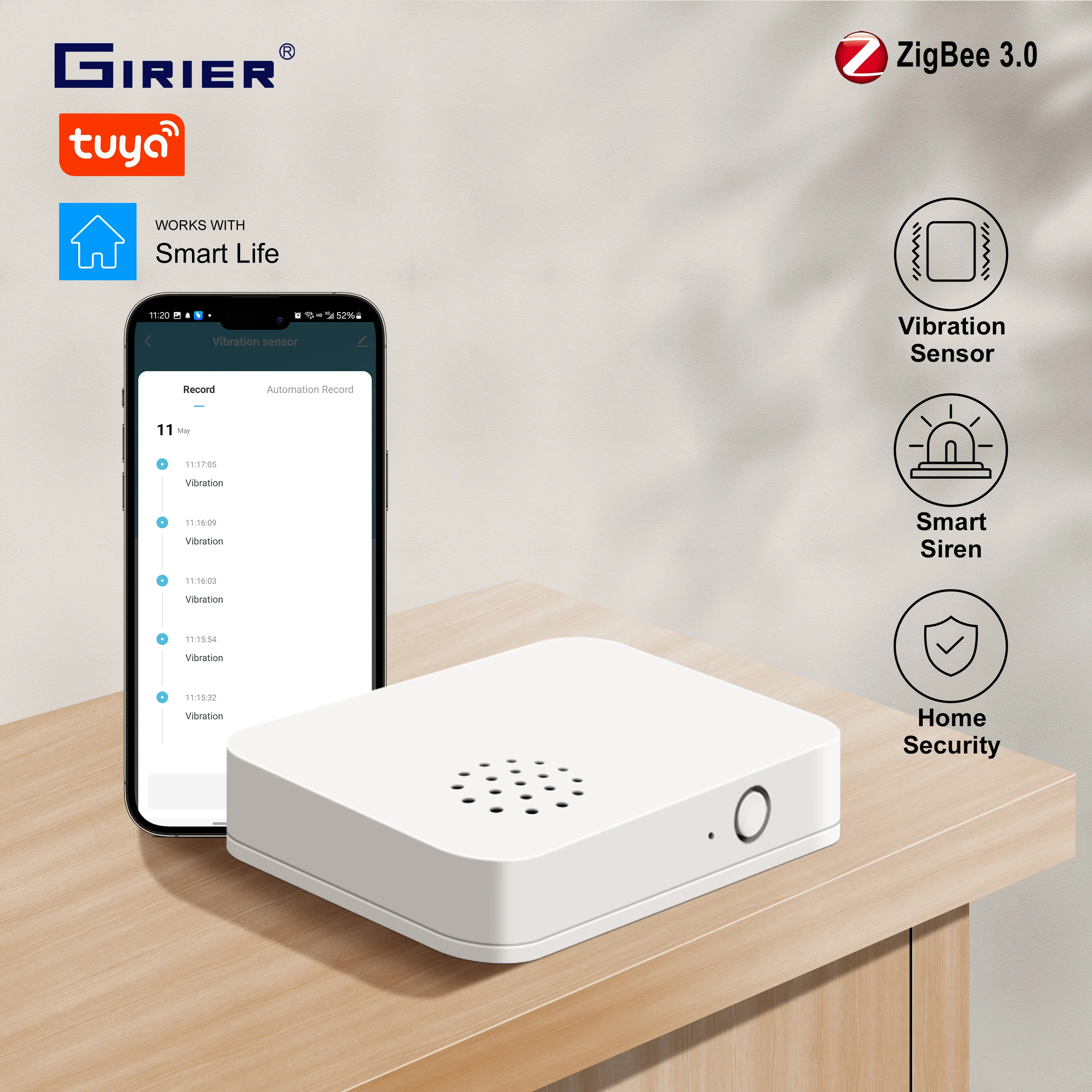 GIRIER умный датчик вибрации Tuya ZigBee беспроводной детектор для ...