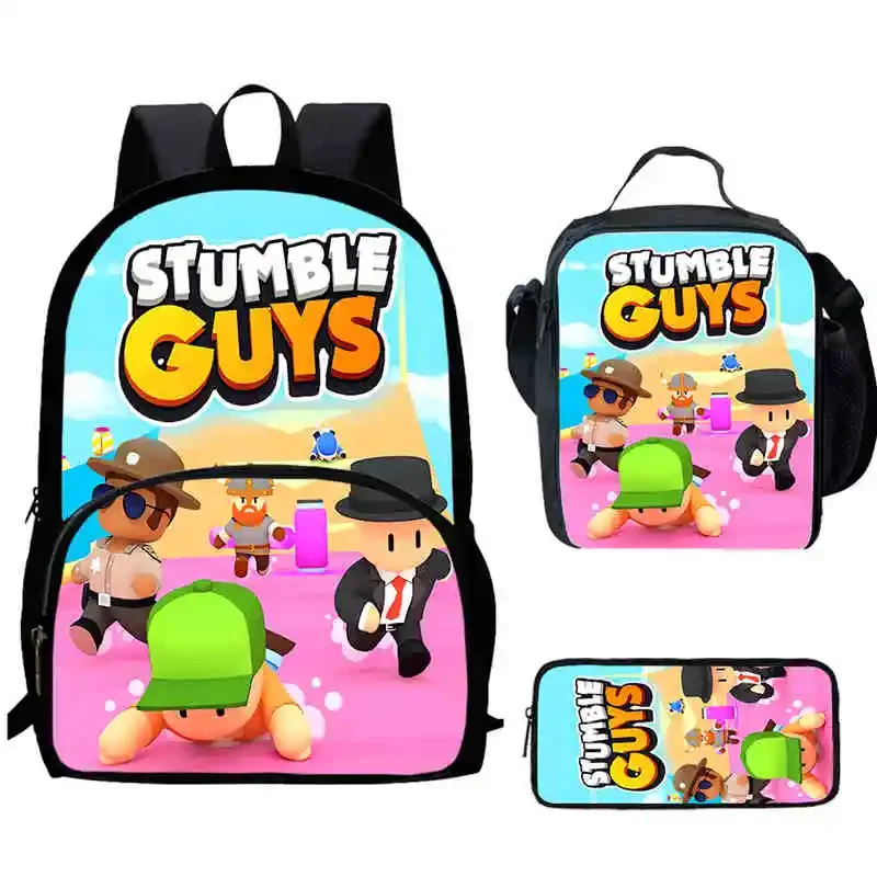 Cartoon Stumble Guys Child Backpack with Front Pocket,Lunch Bags,Pencil ...