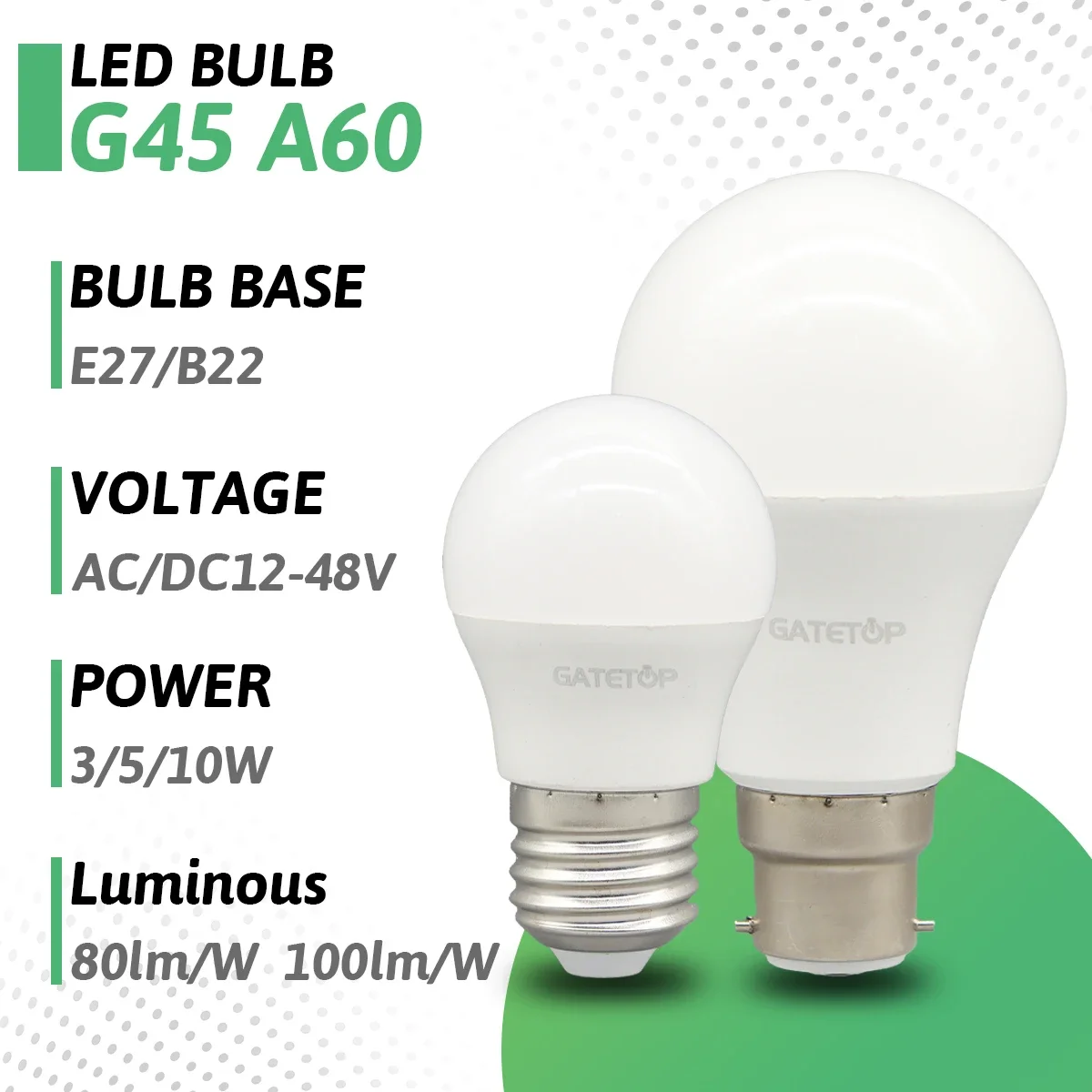 1-10PCS LED Low voltage Bulb A60 G45 12V 24V 36V 48V AC DC 10W Suitable for 12volt Battery Power ...