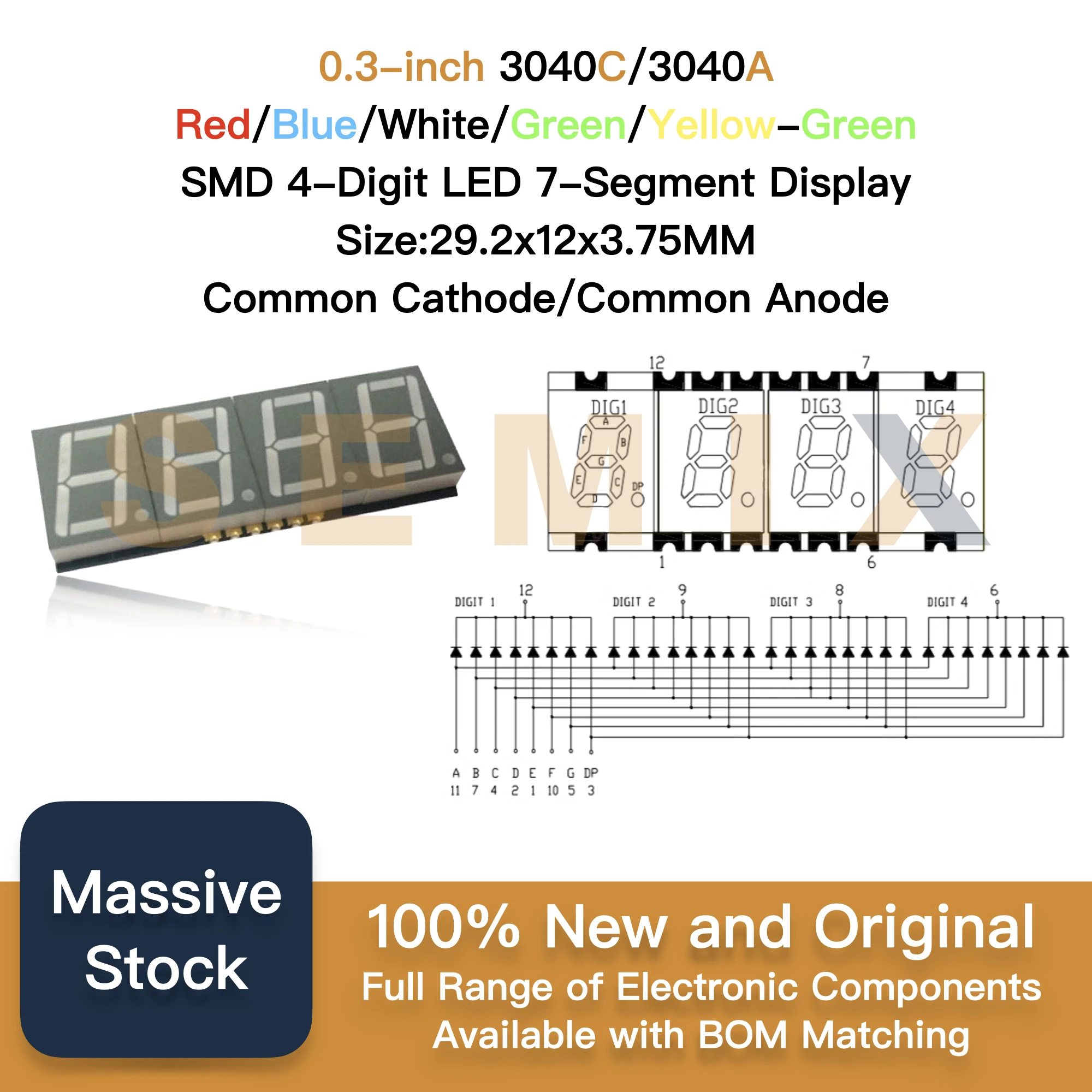 5 шт. 0,3 дюйма 3040C/3040A красный/синий/белый/зеленый/желто-зеленый 29,2x12x3,75 мм катод/анод ...