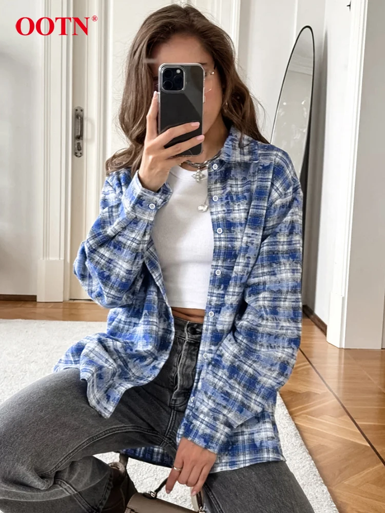 Женские рубашки в клетку OOTN с винтажным принтом 2024, модная уличная ...