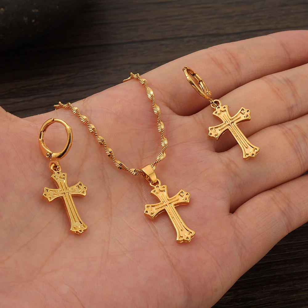 Jesus Cross Jewelry Sets Classical Necklaces Earrings Set Gold Color ...