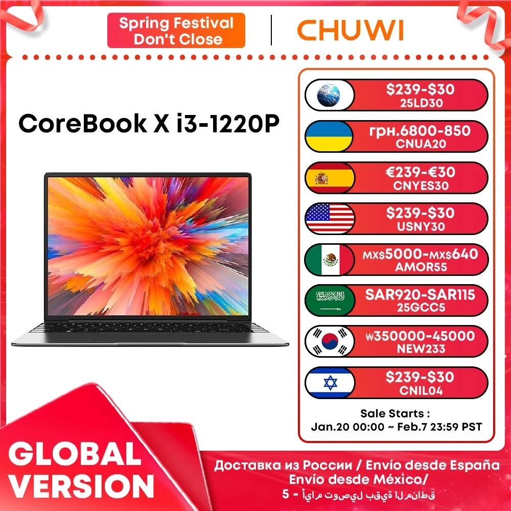 Ноутбук CHUWI CoreBook X 2024 i3-1220P, 10 ядер, 14-дюймовый FHD IPS-экран, 16 ГБ ОЗУ, 512 ГБ ...