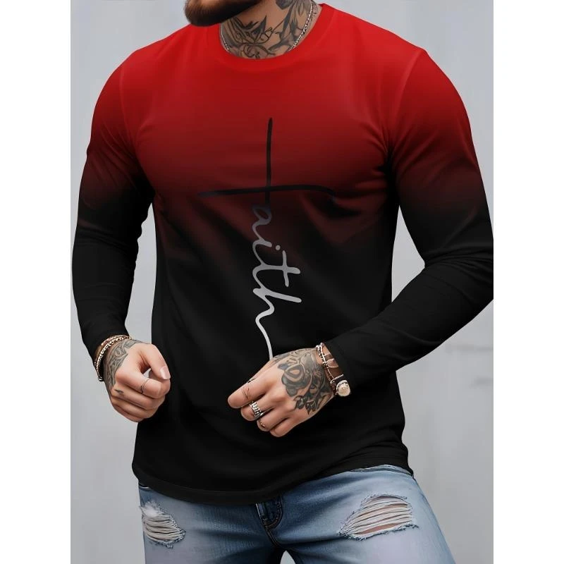 Christian Faith Gradient T-shirt Men's Clothing Cross Print Long Sleeve ...