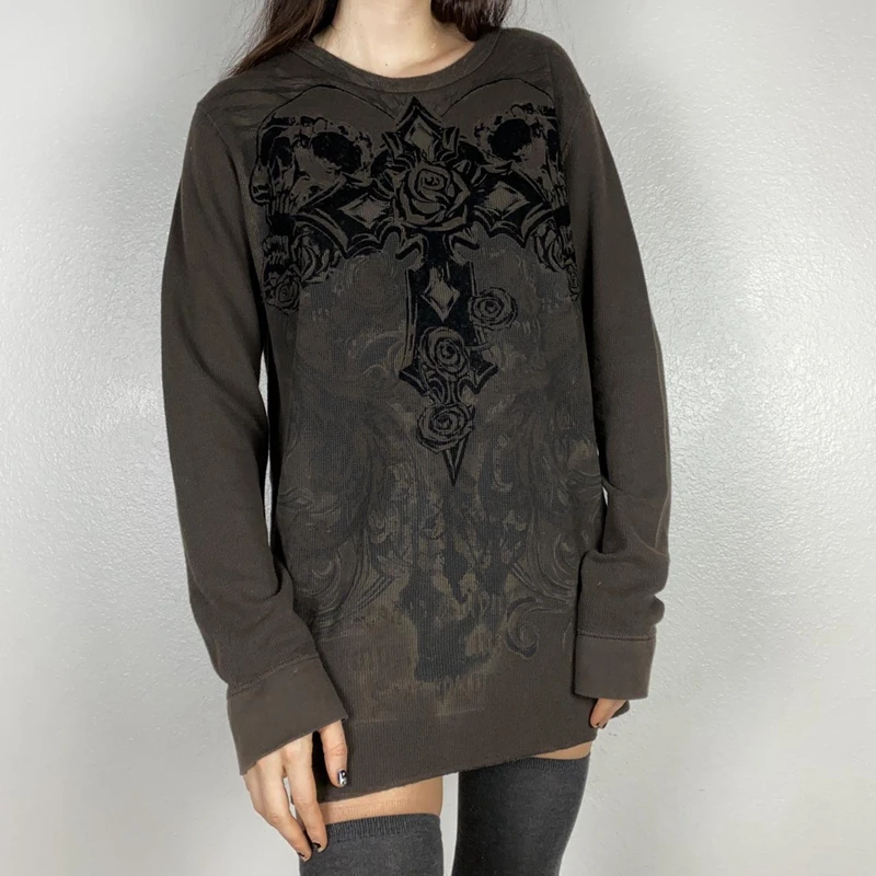 Винтажная Футболка Y2K в рубчик с вафельным рисунком, с длинным рукавом ...