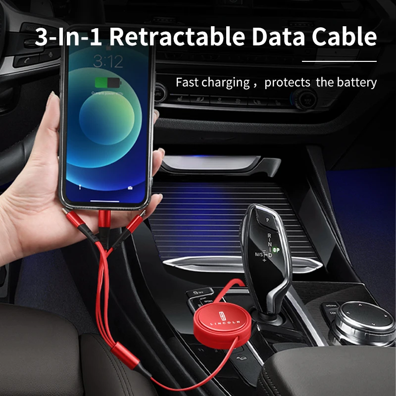 Car 3-in-1 Retractable Fast Charging Data Cable USB Type-C For Lincoln ...