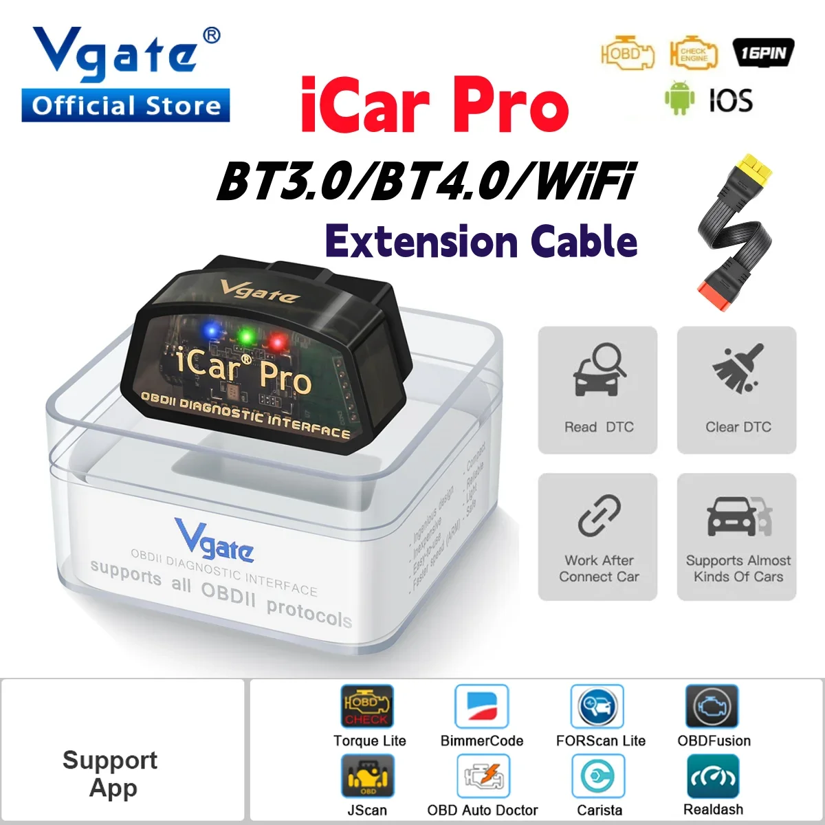 Автомобильный диагностический сканер Vgate iCar Pro elm327 V2.3 OBD 2 OBD2, WIFI Bluetooth 4,0 ...
