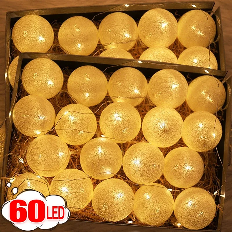 20/60LED Cotton Garland Balls Lights String Outdoor Hanging Party Fairy ...