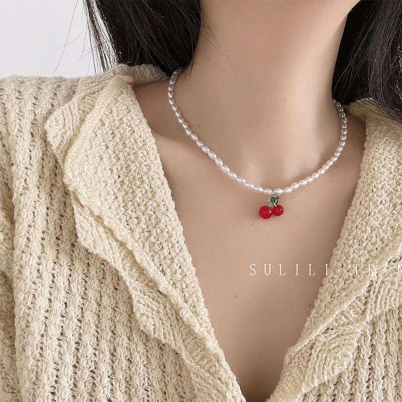 Жемчужное ожерелье-чокер с подвеской вишня | AliExpress