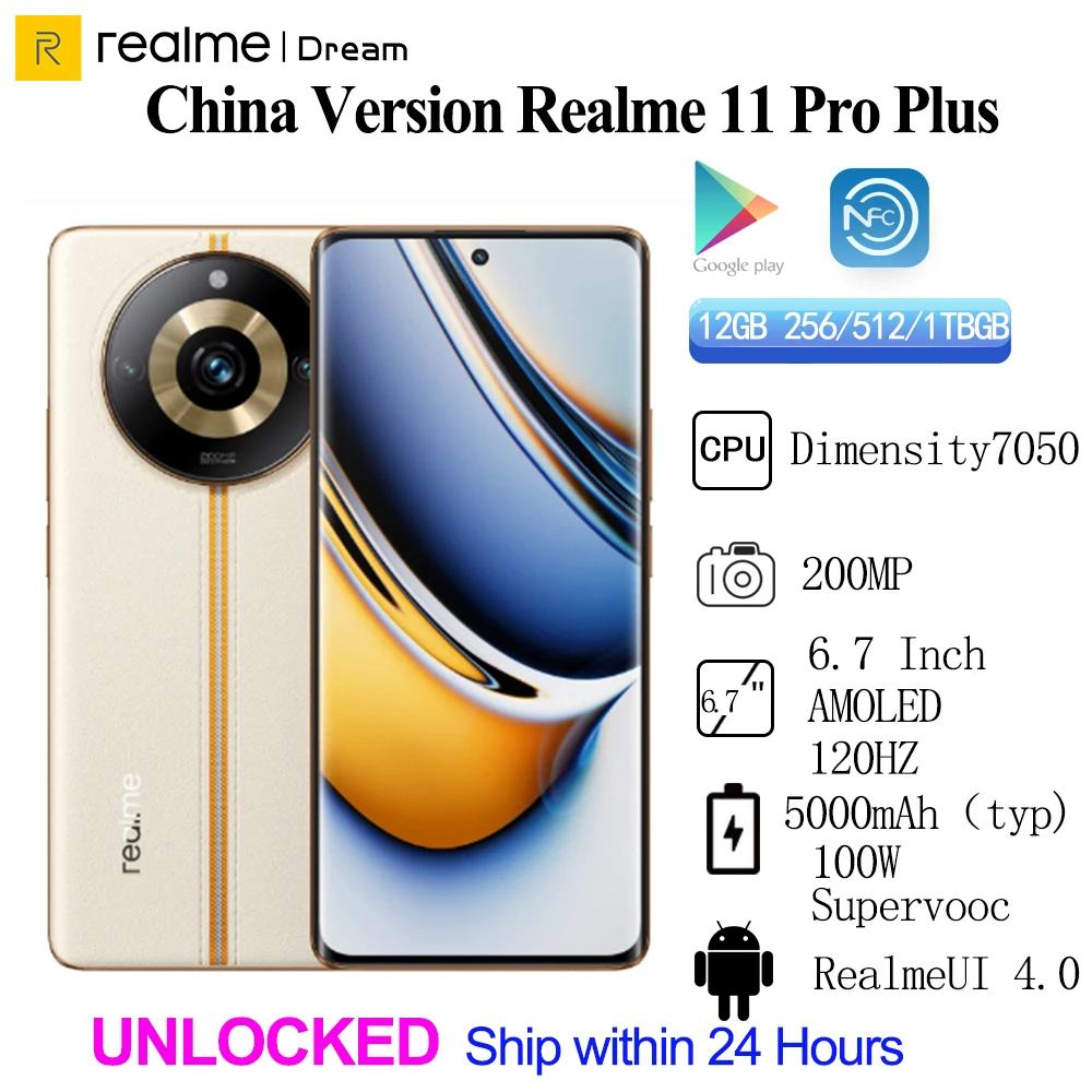 Разблокированный телефон Realme 11 Pro Plus, телефон с глобальной прошивкой, фотокамера 6,7 МП ...