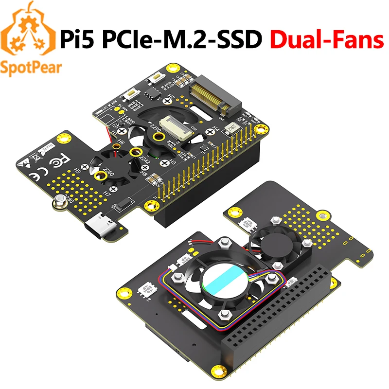 spotpear Raspberry Pi 5 M.2 NVMe SSD Hat 3 в 1 с двойным вентилятором ...