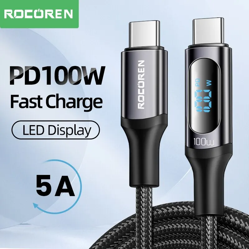 Кабель зарядный Rocoren PD 100 Вт, со светодиодным дисплеем, 5 А, 2 м | AliExpress
