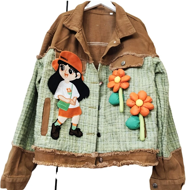 Женская джинсовая куртка демисезонная однобортная куртка контрастных цветов с объемным