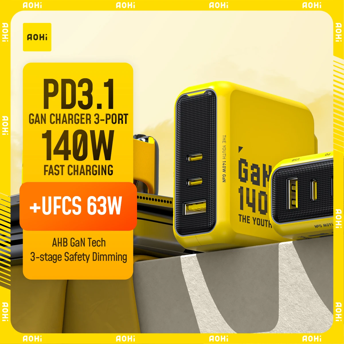 AOHI Youth 140 Вт GaN Зарядное устройство PD3.1 3-портовый тип C ...