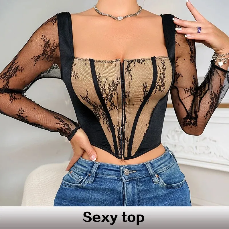Женский сексуальный полупрозрачный вышитые, с длинным рукавом кружевной ...