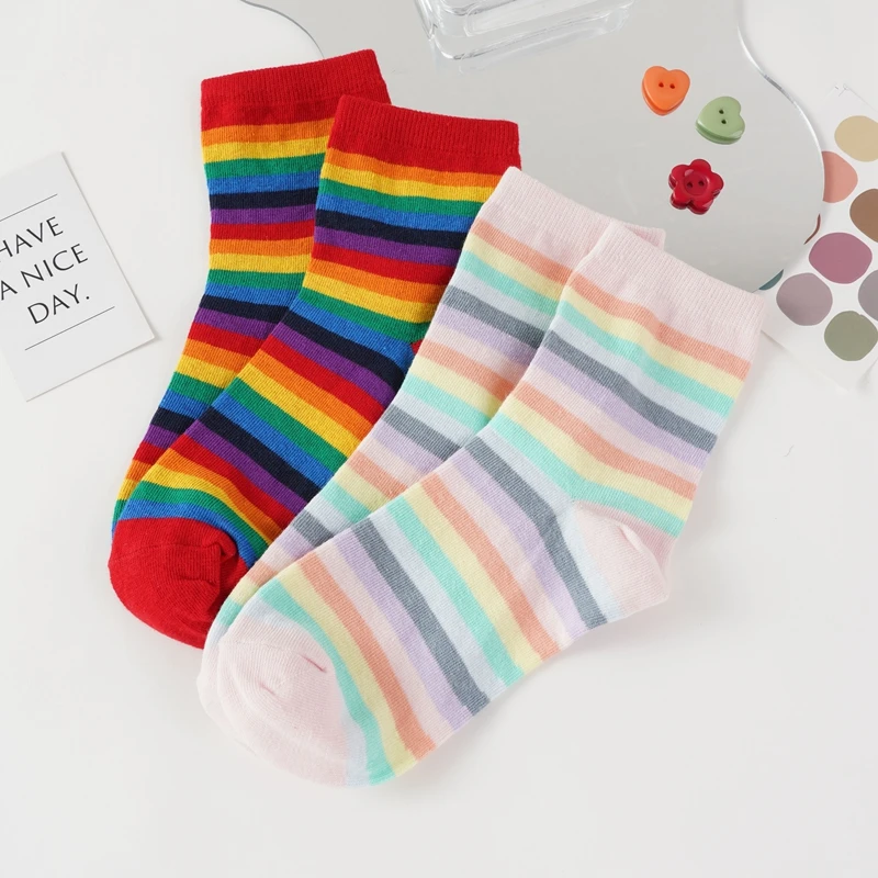 Cotton Girl's Red Pink Rainbow Color Striped Novelty Fashion Socks ...