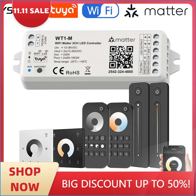 2CH Matter WiFi светодиодный контроллер WT1-M DC12-36V 5050 COB DIM/CCT ...
