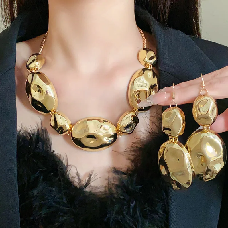 Крупные металлические серьги и ожерелье в стиле ретро | AliExpress