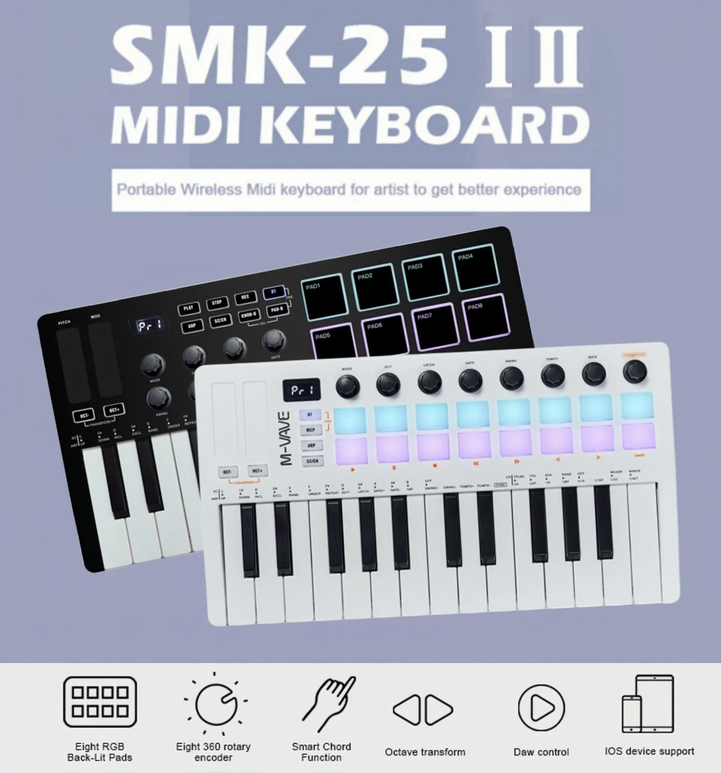 M-VAVE II MIDI Pad контроллер клавиатура USB Mini 25 клавиш, 16 RGB ...
