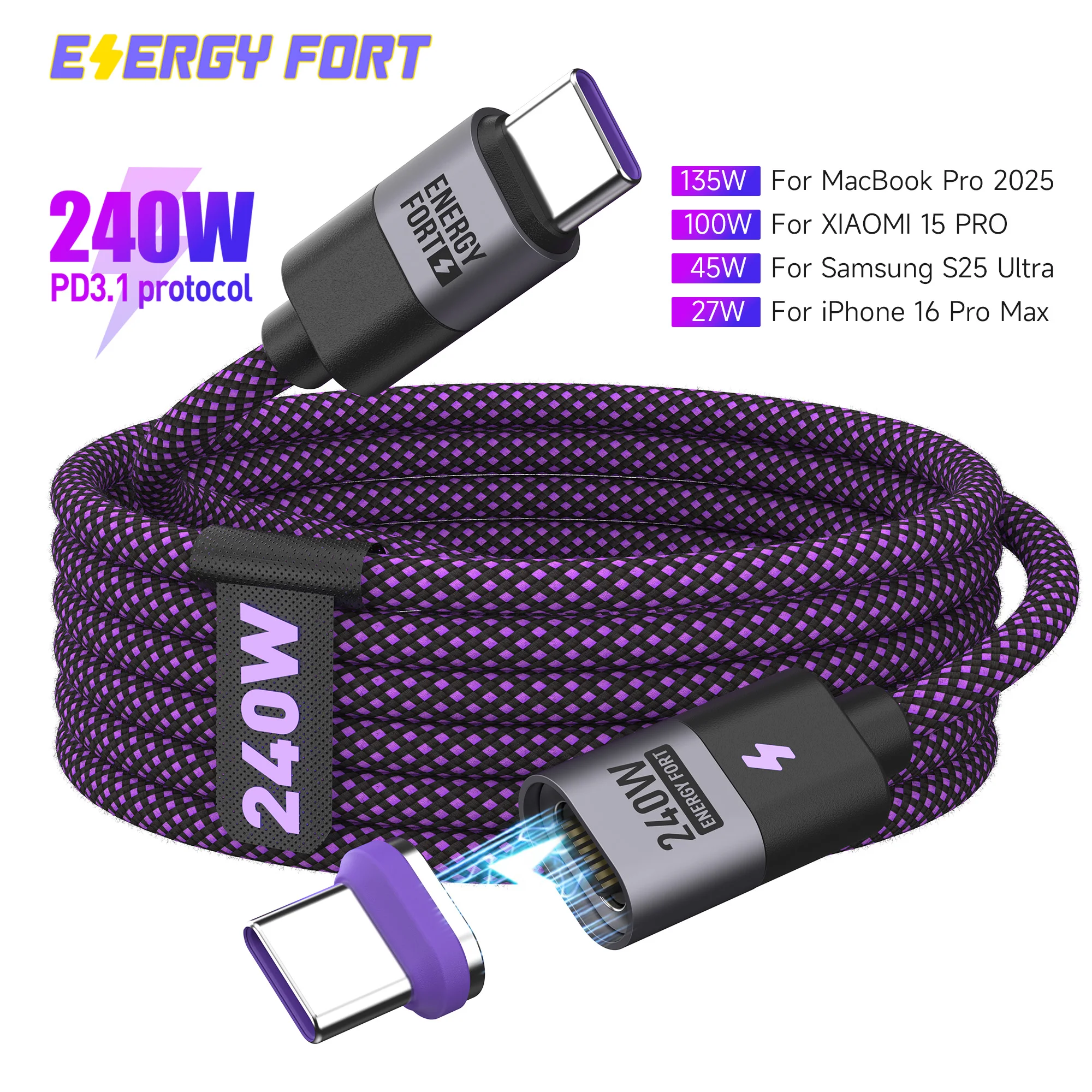 Магнитный зарядный кабель типа C, 240 Вт, PD3.1 USB C к USB C/Micro USB, магнитное зарядное ...