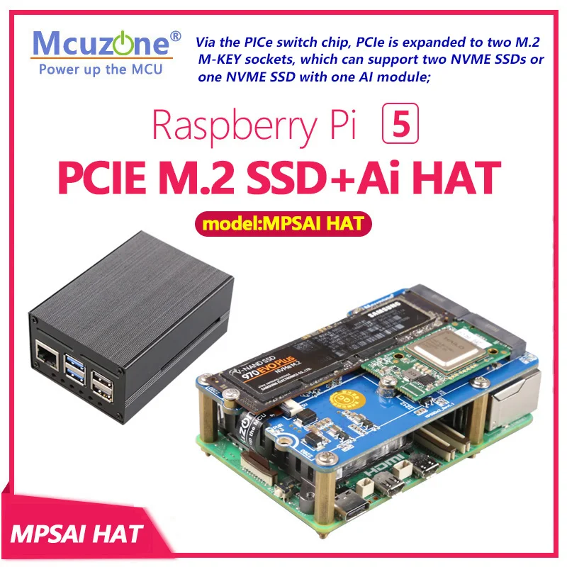 MPSAI Raspberry Pi 5 PCIE M.2 SSD + Ai HAT с поддержкой размера SSD ...