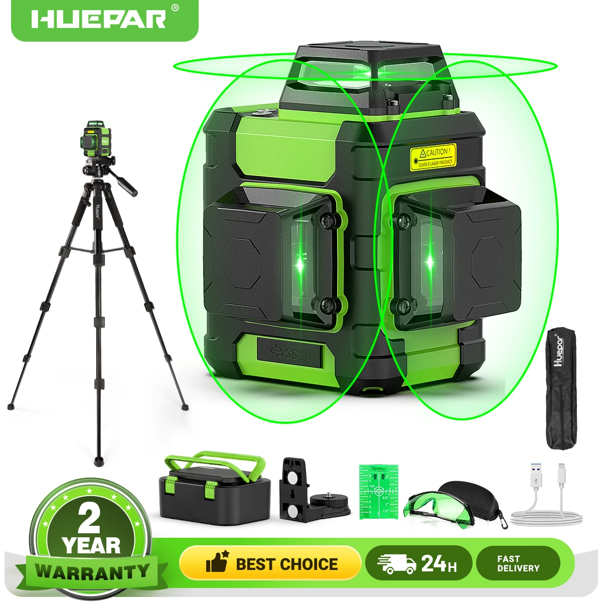 Huepar 3x360 ° Зеленый луч 12-линейный лазерный уровень Самовыравнивающийся набор инструментов ...