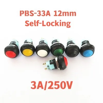 PBS-33A 12mm latching Small Waterproof Push Button Switch 250V 3A Round Red