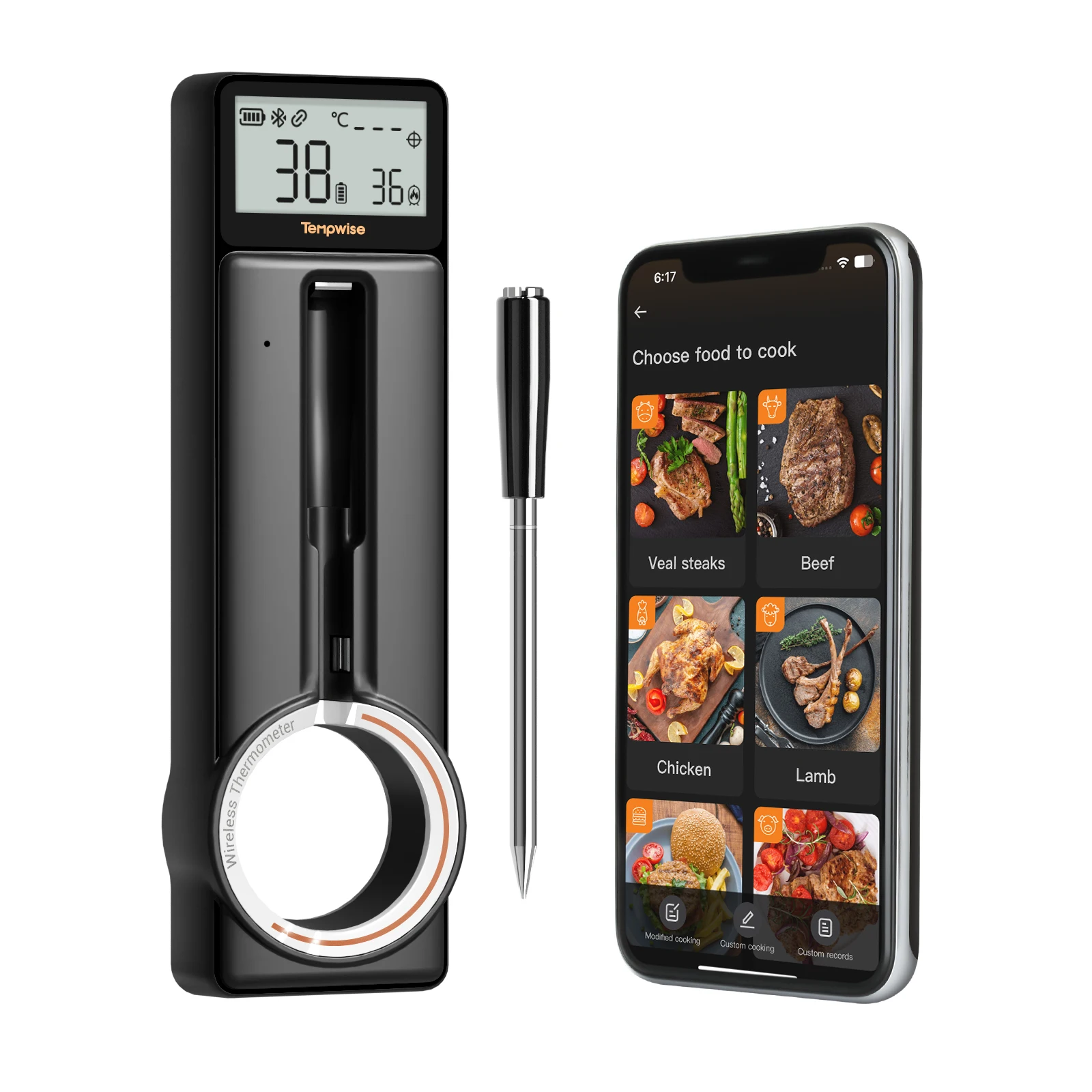 Meat thermometer wireless Bluetooth IP67 ultra thin probe with LCD ...