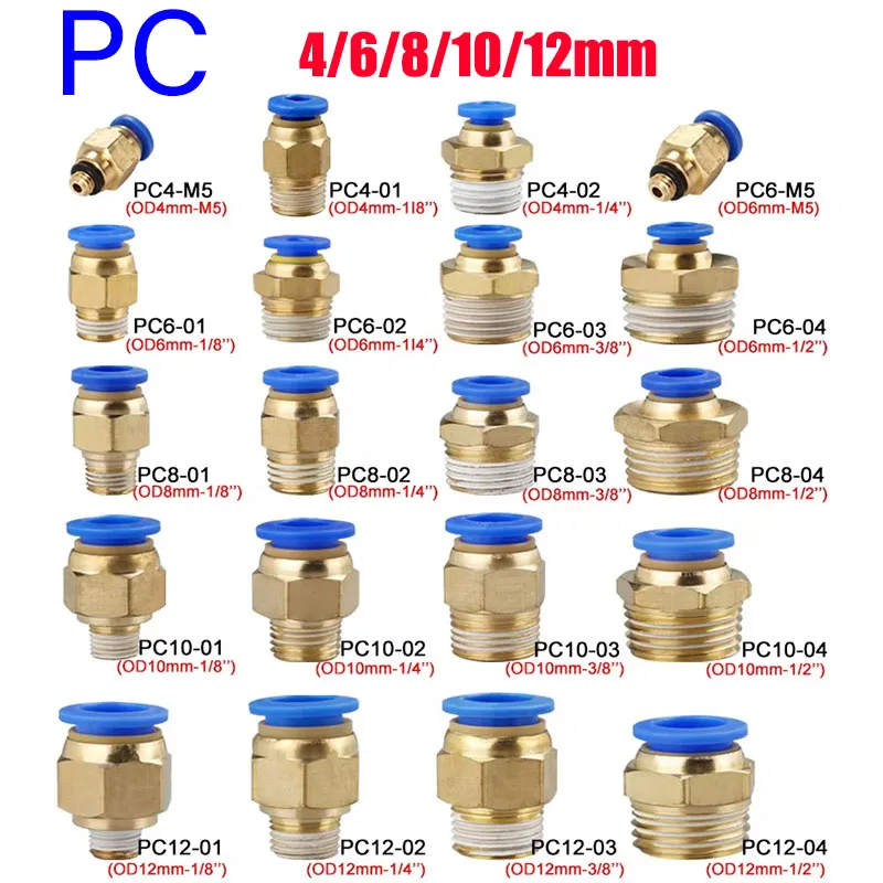 20/50PCS Pneumatic Air Connector Fitting PC 4mm 6mm 8mm 10mm 12mm Thread 1/8" 1/4" 3/8" 1/2 ...