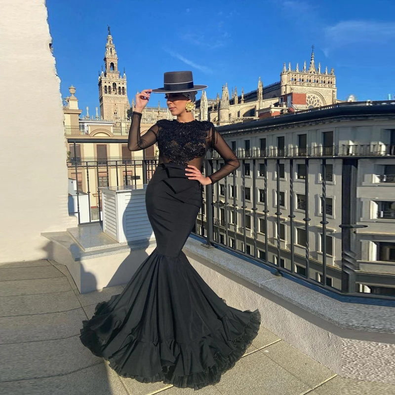 Black See Thru Illusion Tulle Dresses Long Sleeves Lace Appliques ...