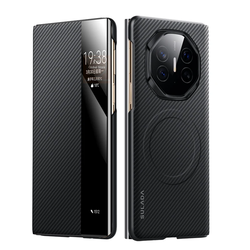 Кожаный чехол для смартфона Huawei Mate XT Ultimate из углеродного волокна с откидной крышкой ...