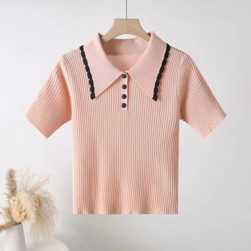 Женский трикотажный пуловер с коротким рукавом, на пуговицах | AliExpress