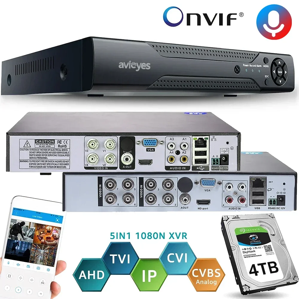 Onvif Hybrid DVR XVR 4-8 Каналов 1080N Поддержка Видеозаписи Аудио Для IP-камер AHD TVI CVI NVR ...