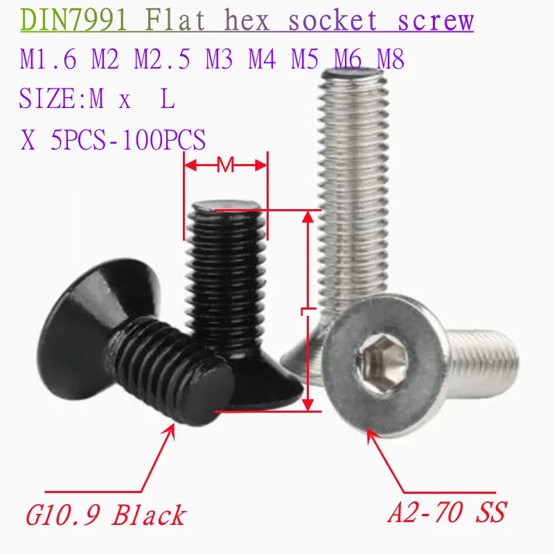 Винт с плоской шестигранной головкой Din7991 M1.6 M2 M2.5 M3 M4 M5 M6 M8, 5-100 шт | AliExpress