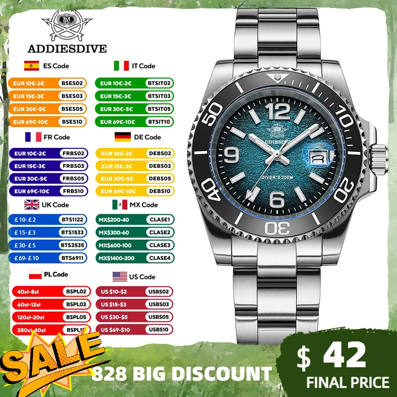ADDIESDIVE AD2513 мужские кварцевые дайверские часы из нержавеющей ...