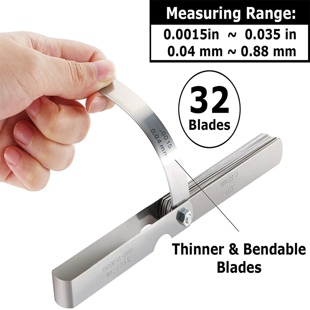 32 Blade Feeler Gauge SAE Metric Stainless Steel Fordable Dual Reading ...