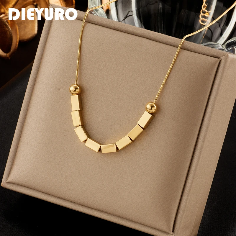 DIEYURO 316L винтажное ожерелье из нержавеющей стали для женщин золотой цвет квадратный бисер ...