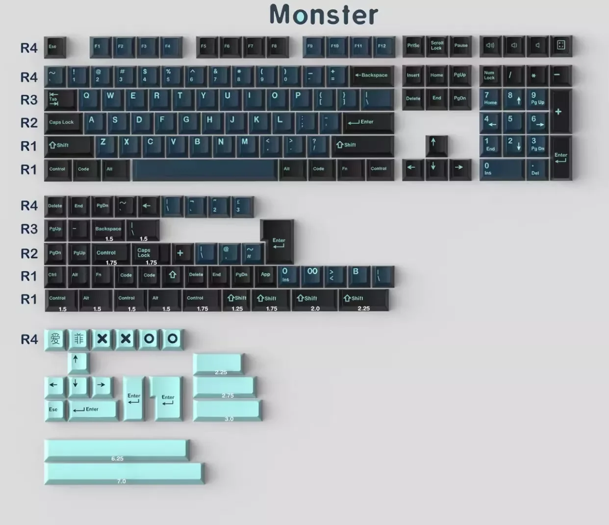 G-MKY 173 Monster/Red Samurai Keycaps Cherry Profile DOUBLE SHOT ABS ...