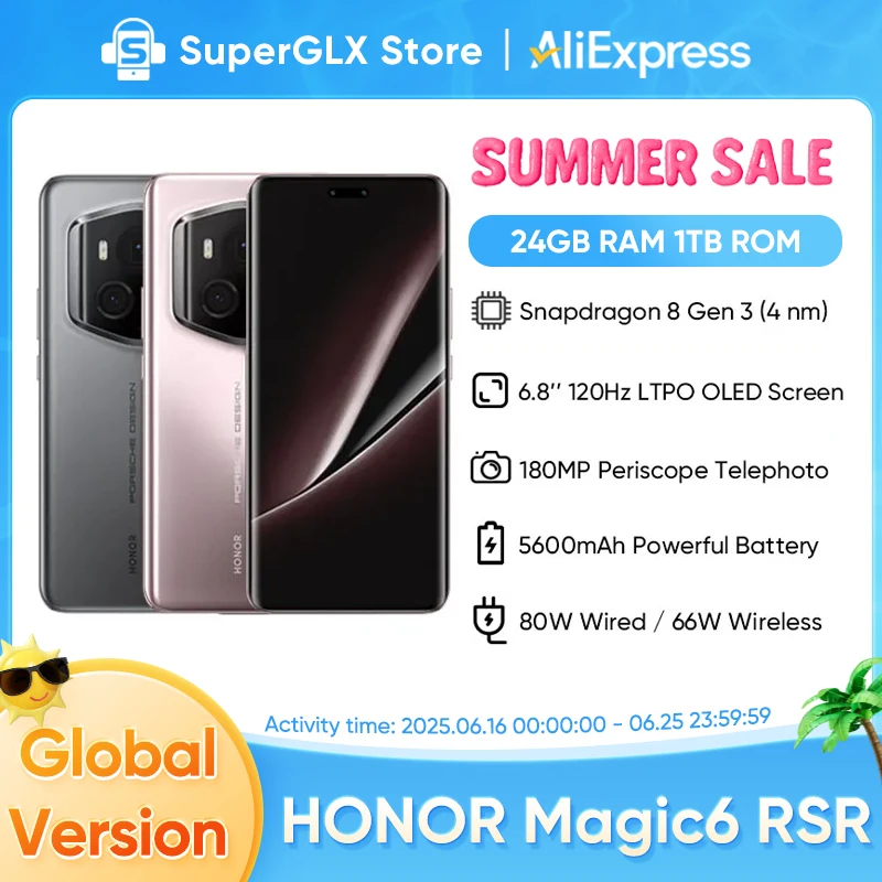Глобальная версия HONOR Magic6 RSR PORSCHE DESIGN 5G Смартфон 6,8 дюйма 120 Гц LTPO OLED-дисплей ...