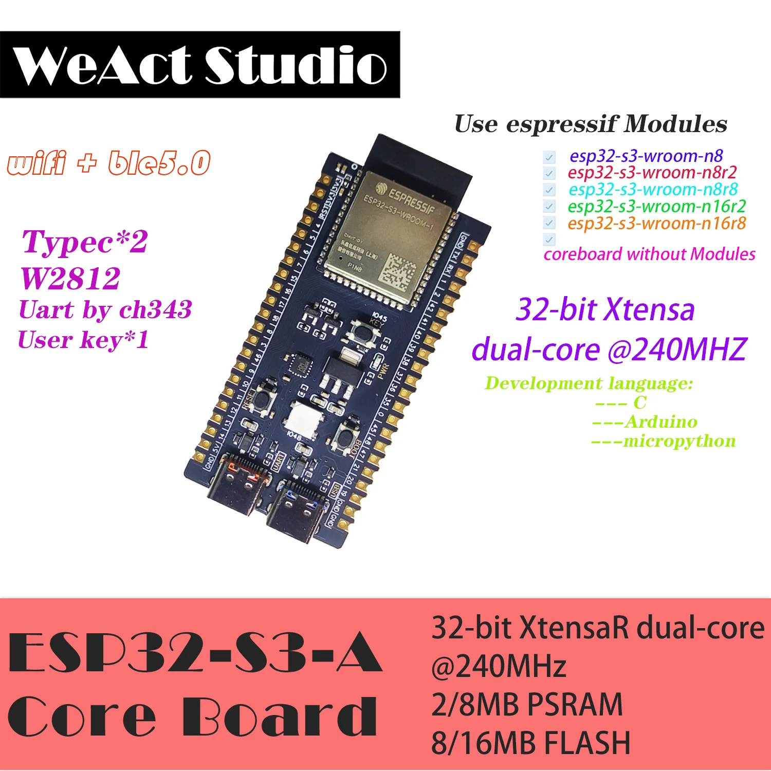 ESP32-S3-DevKitC-1 WiFi Bluetooth-совместимая BLE 5,0 сетчатая макетная плата ESP32 ...
