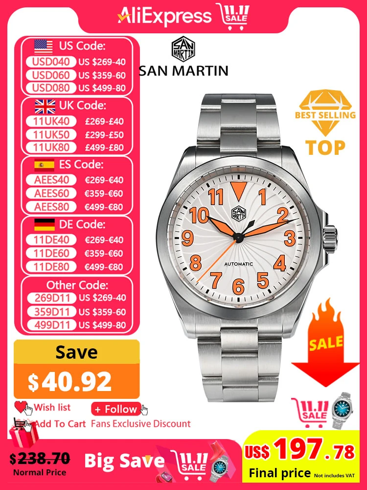 Часы-пилот San Martin SN0132 с турбинным циферблатом | AliExpress