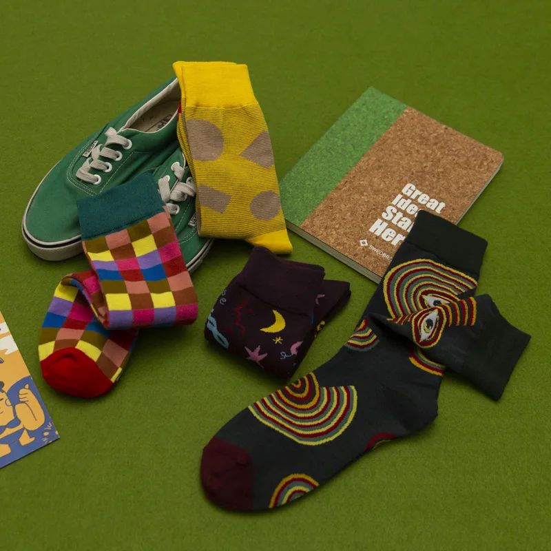 Mens Fashion Streetwear Happy Socks Cotton with Color Check Stars and ...