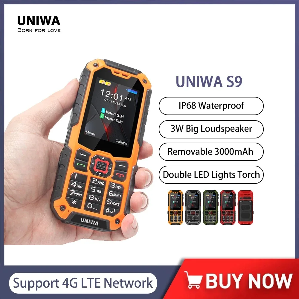 Новый телефон UNIWA S9 с функцией 4G, 2,4 дюйма, IP68, водонепроницаемая Кнопка SOS, 3 Вт ...