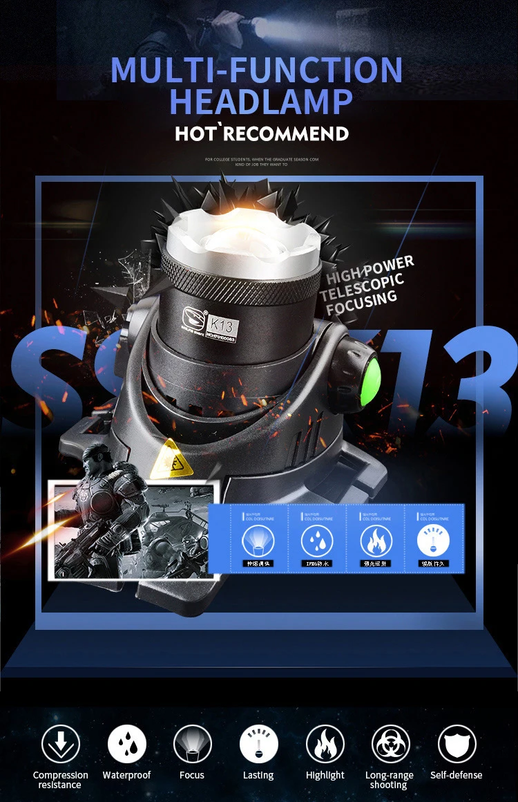 Phare LED à Induction T6, zoom télescopique, longue portée, charge, focalisation, lumière forte ...