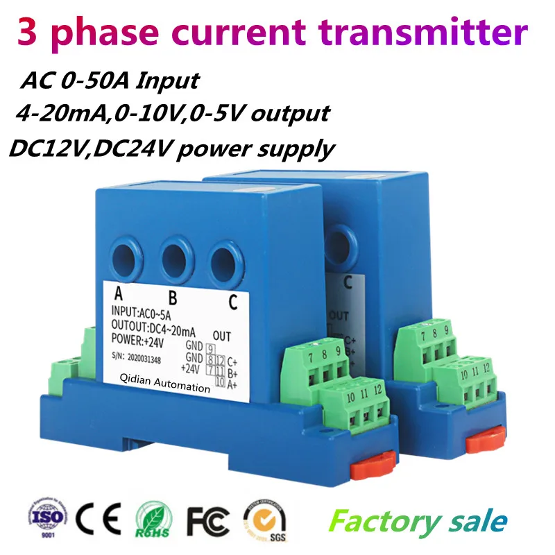 3 Phase Current Transmitter AC0-10A 20A 4-20ma 0-5v 0-10v Analog output ...