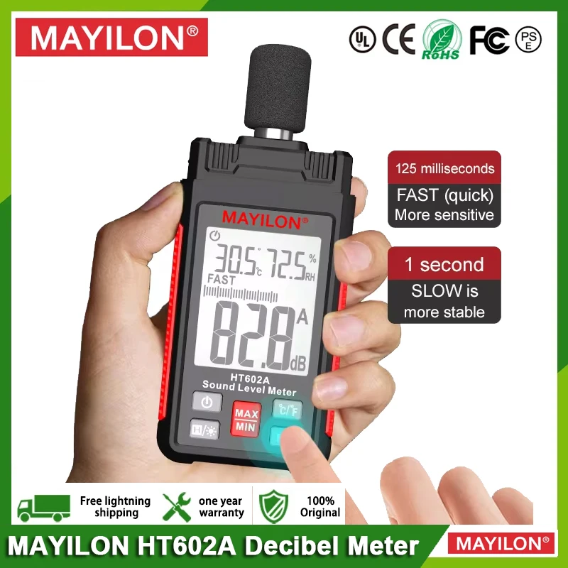 Цифровой измеритель уровня шума MAYILON HT602A, измеритель уровня шума и влажности 3 в 1, 30-130 ...