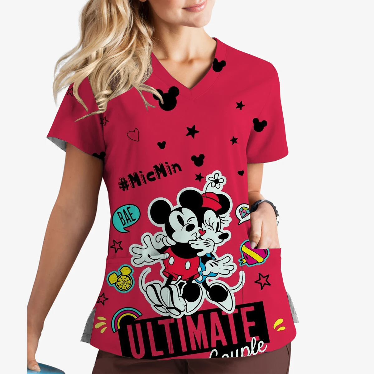 Mickey and Minnie Print Disney V-Neck Print Scrub Top Short Sleeve Top ...