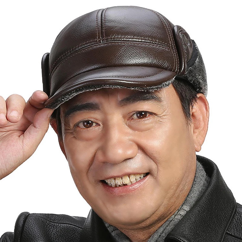 Шапка из натуральной кожи мужские зимние теплые бейсболки Снэпбэк Кепка ...
