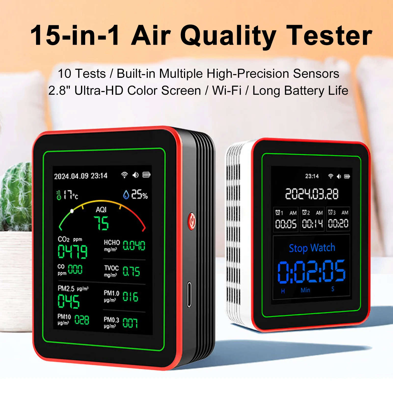 Умный тестер качества воздуха 15-в-1 с CO/CO2/HCHO/TVOC/AQI/PM0.3/PM1.0/PM2.5/PM10/температурой ...